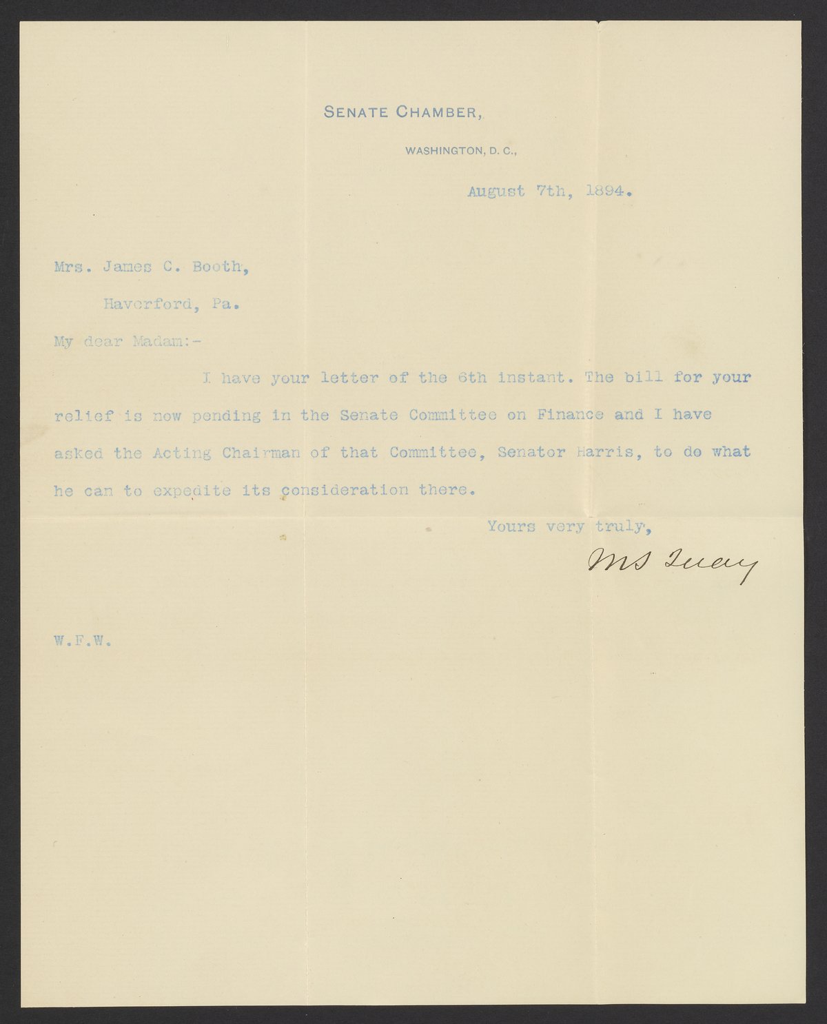 Letter from Matthew S. Quay to Margaret M. Booth - Science History ...