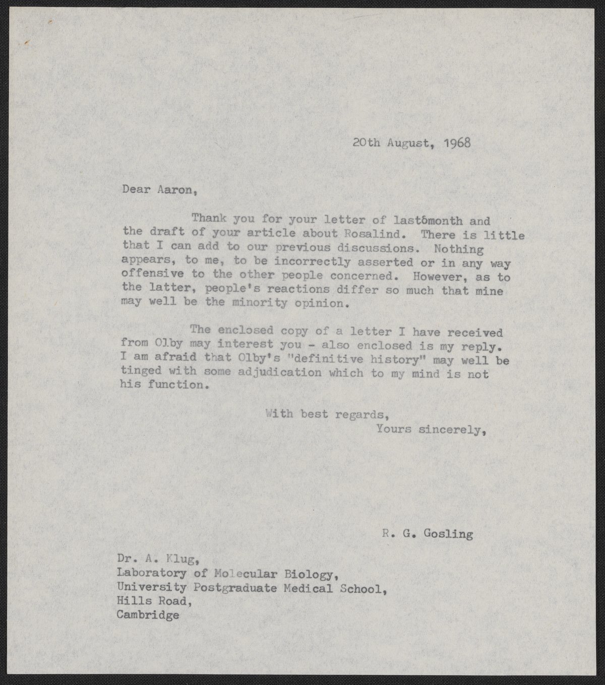 Letter from Raymond Gosling to Aaron Klug, August 20, 1968 - Science ...