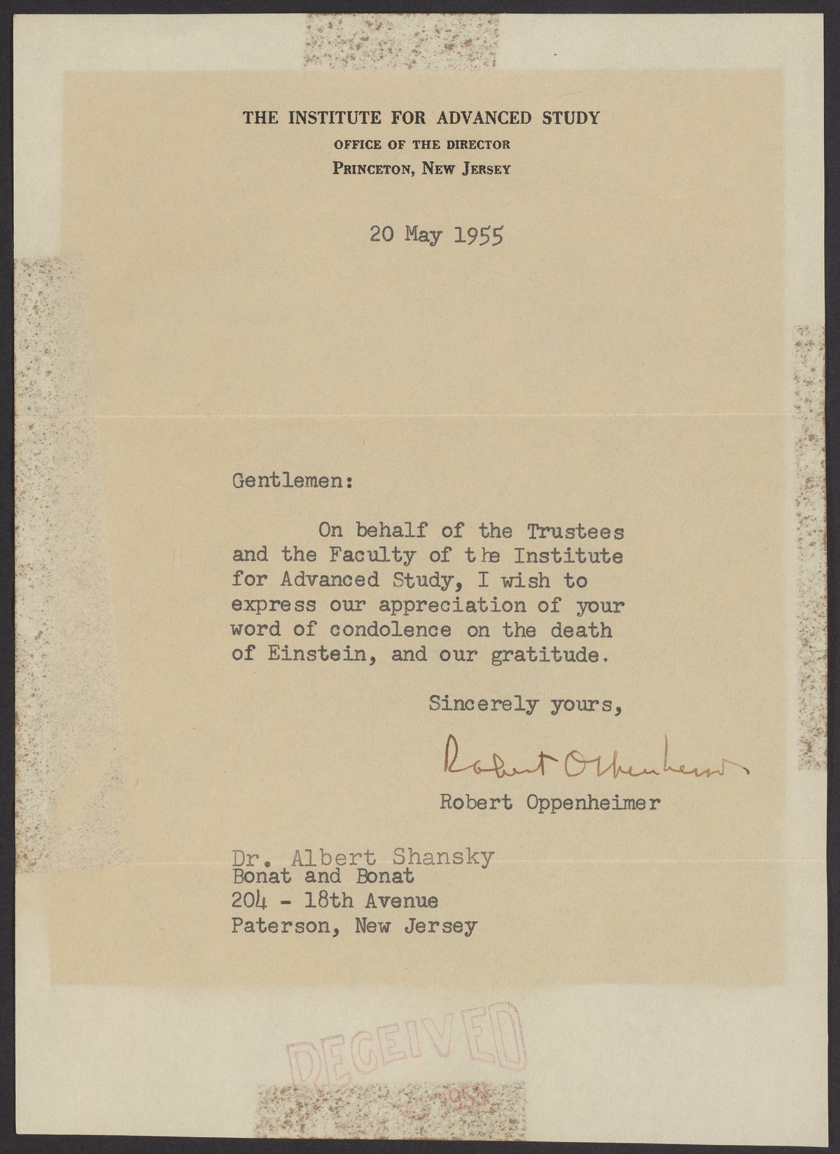 Letter from Robert Oppenheimer to Albert Shansky, May 20, 1955 ...