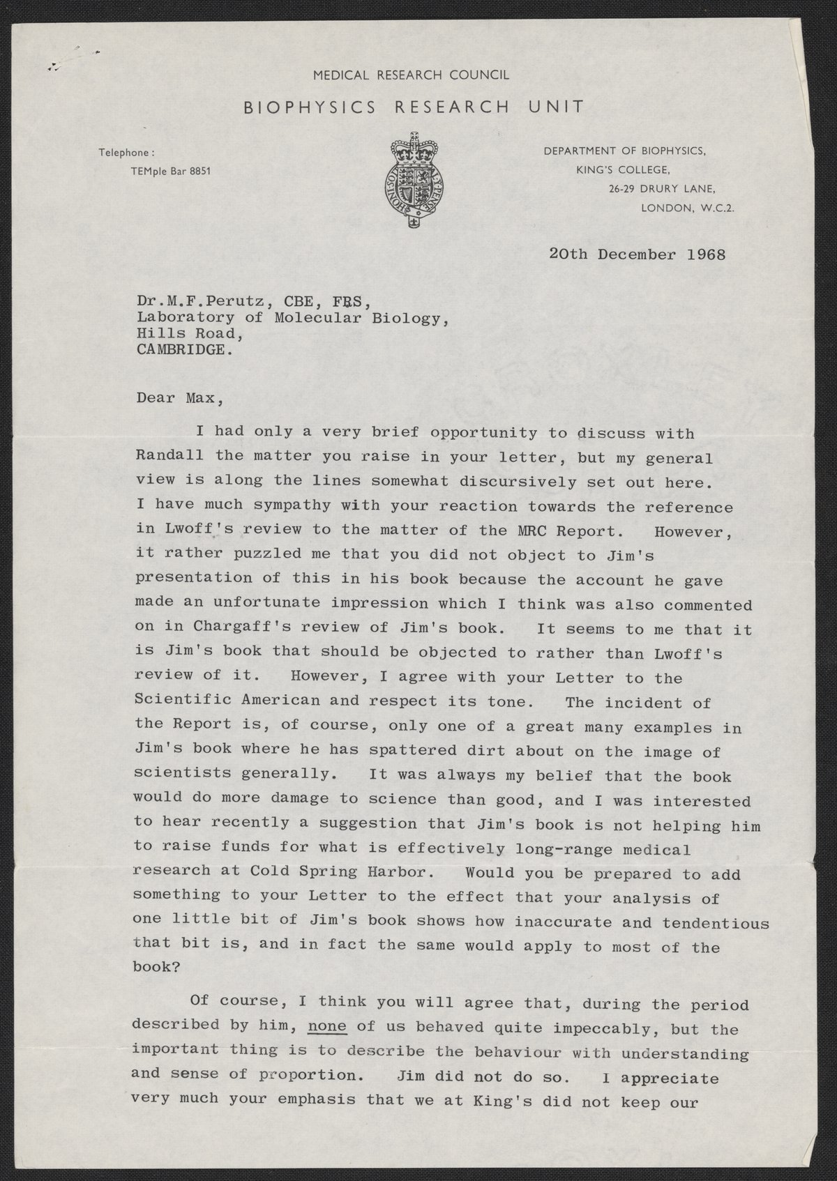 Letter from Maurice Wilkins to Max Perutz, December 20, 1968 - Science ...