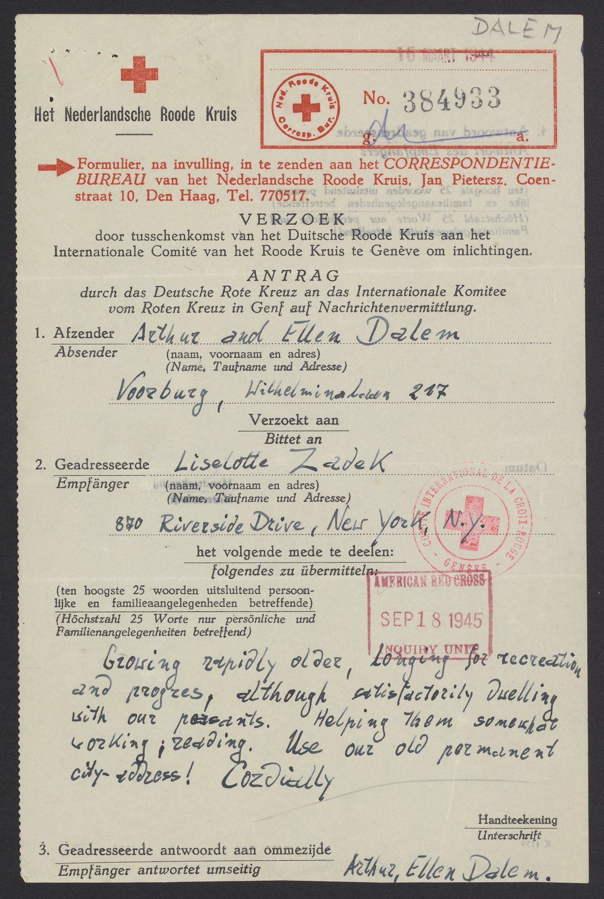 Letter from Arthur and Ellen Dalem (Alfred and Eva Schnell) to ...