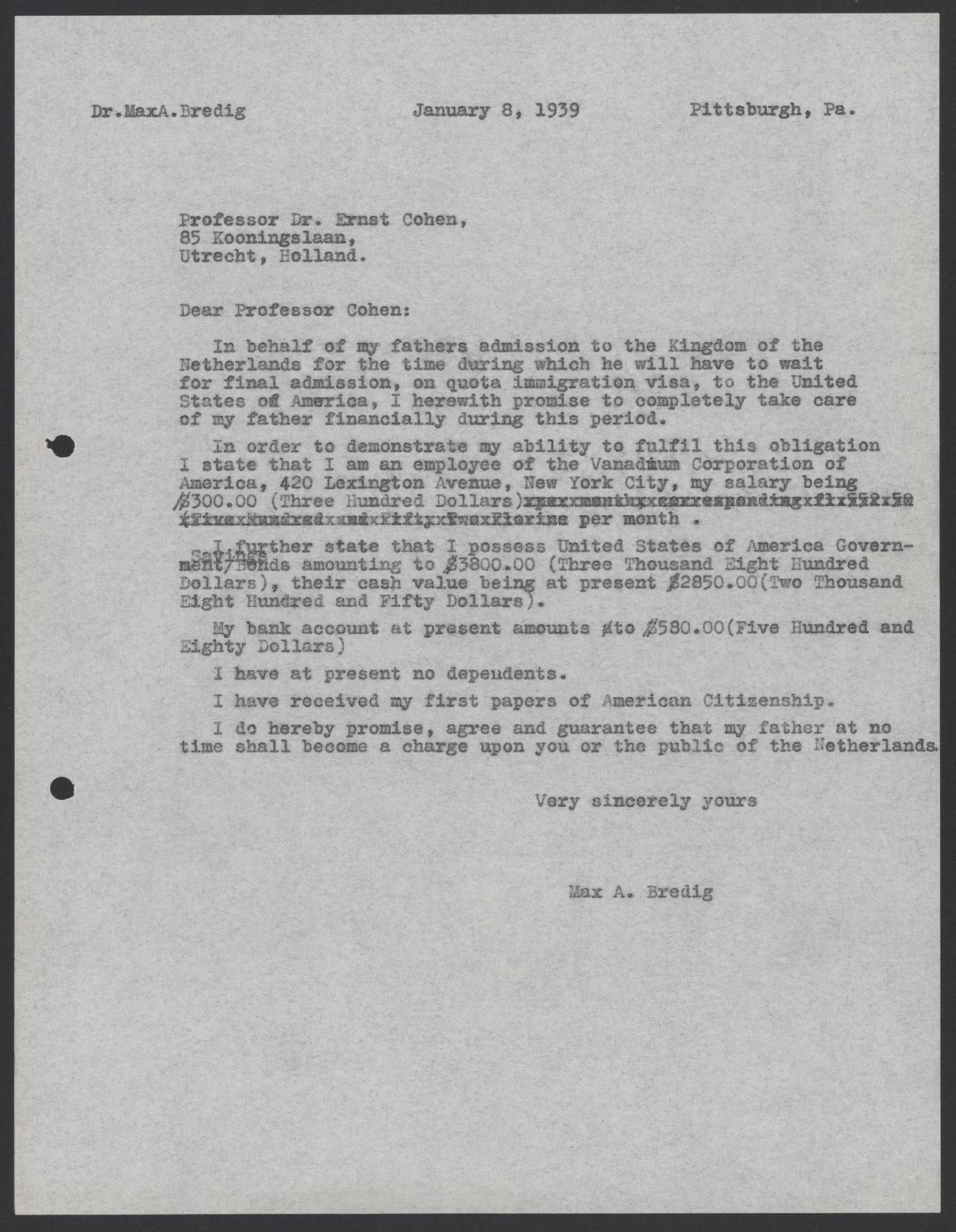 Letter from Max Bredig to Ernst Cohen, January, 1939 - Science History ...