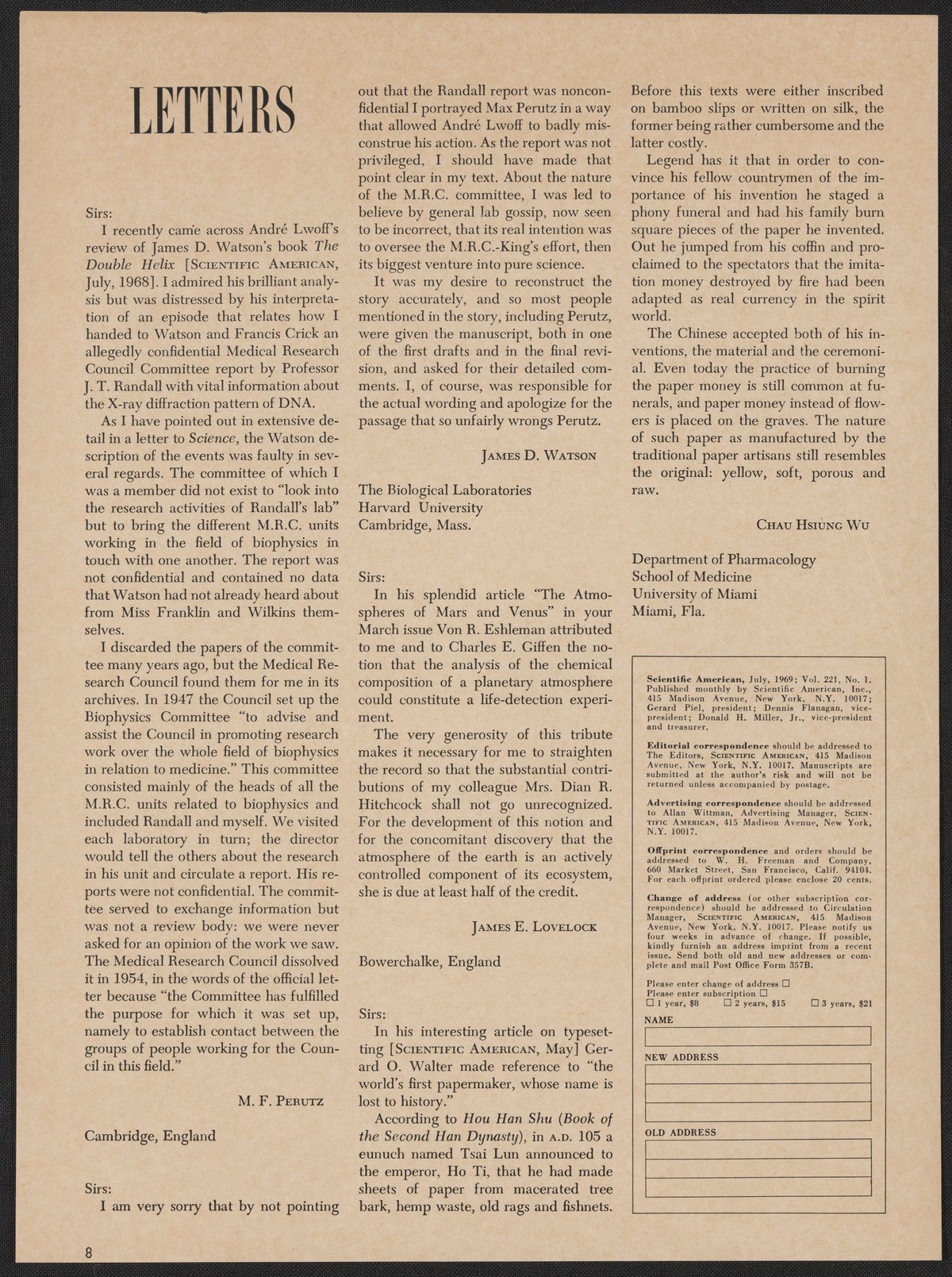 Letters to the editor by Max Perutz and James D. Watson - Science ...