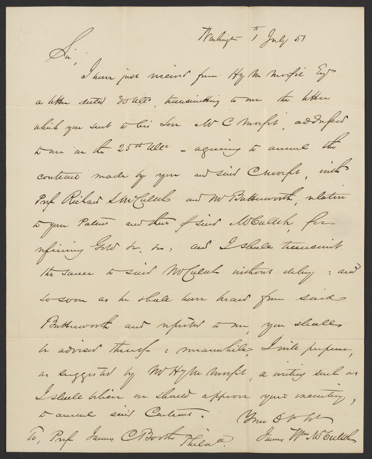 Letter from James W. McCulloh to James Curtis Booth - Science History ...