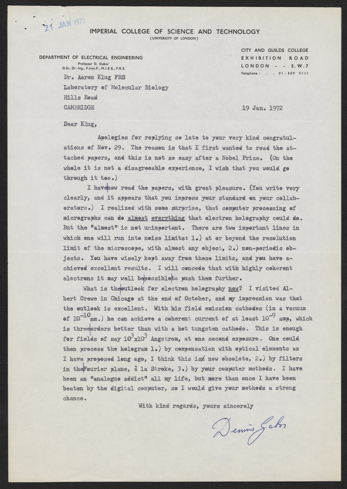 Letter from Dennis Gabor to Aaron Klug, January 19, 1972 - Science ...