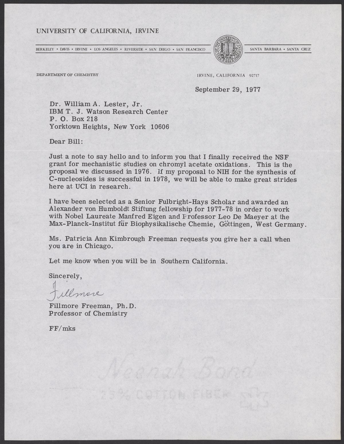 Letter to William A. Lester, Jr. from Fillmore Freeman, September 29 ...