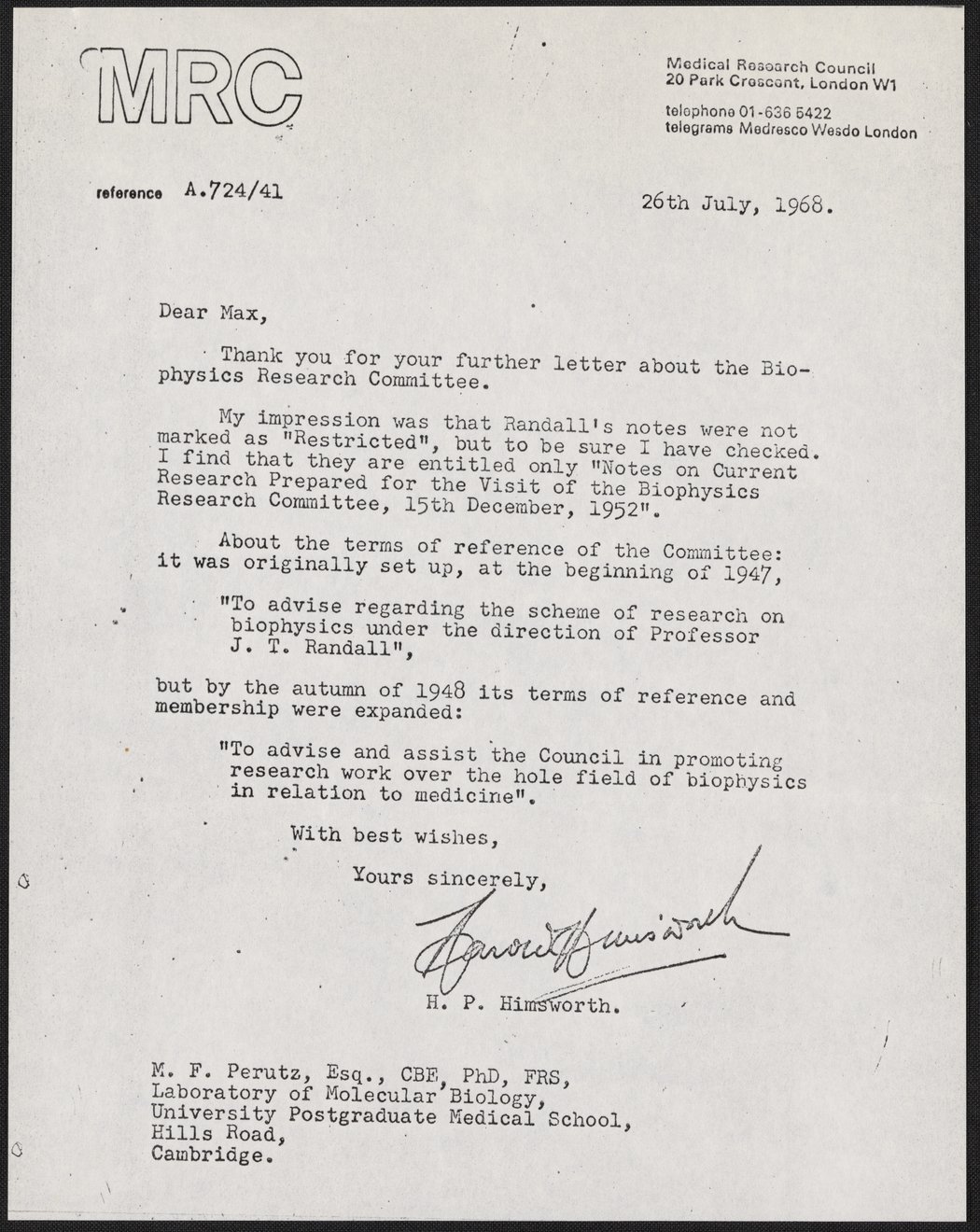 Letter from Sir Harold Himsworth to Max Perutz, July 26, 1968 - Science ...