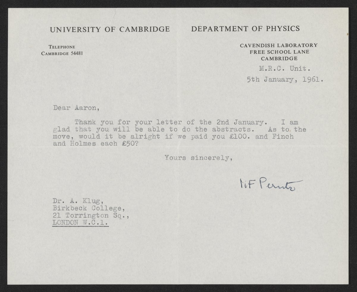 Letter from Max Perutz to Aaron Klug, January 5, 1961 - Science History ...
