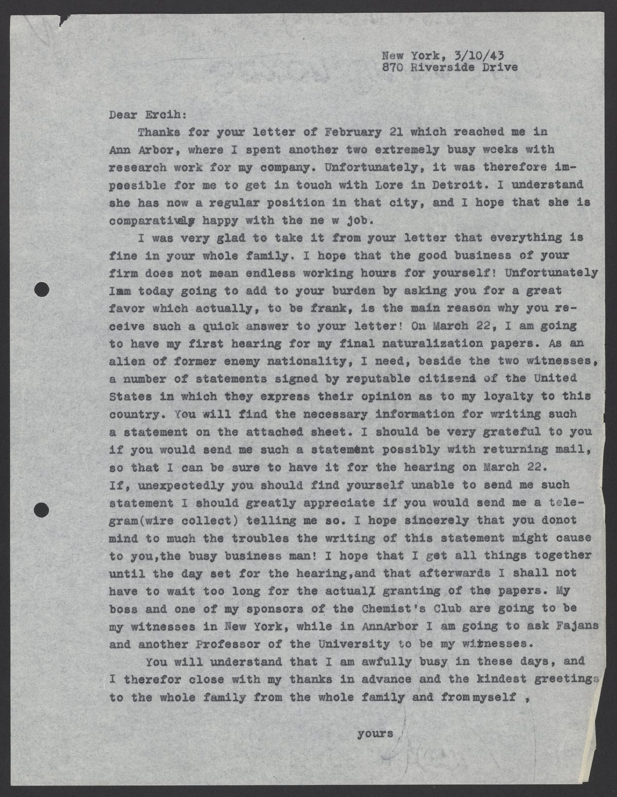 Letter from Max Bredig to Erich Marx, October 3, 1943 - Science History ...