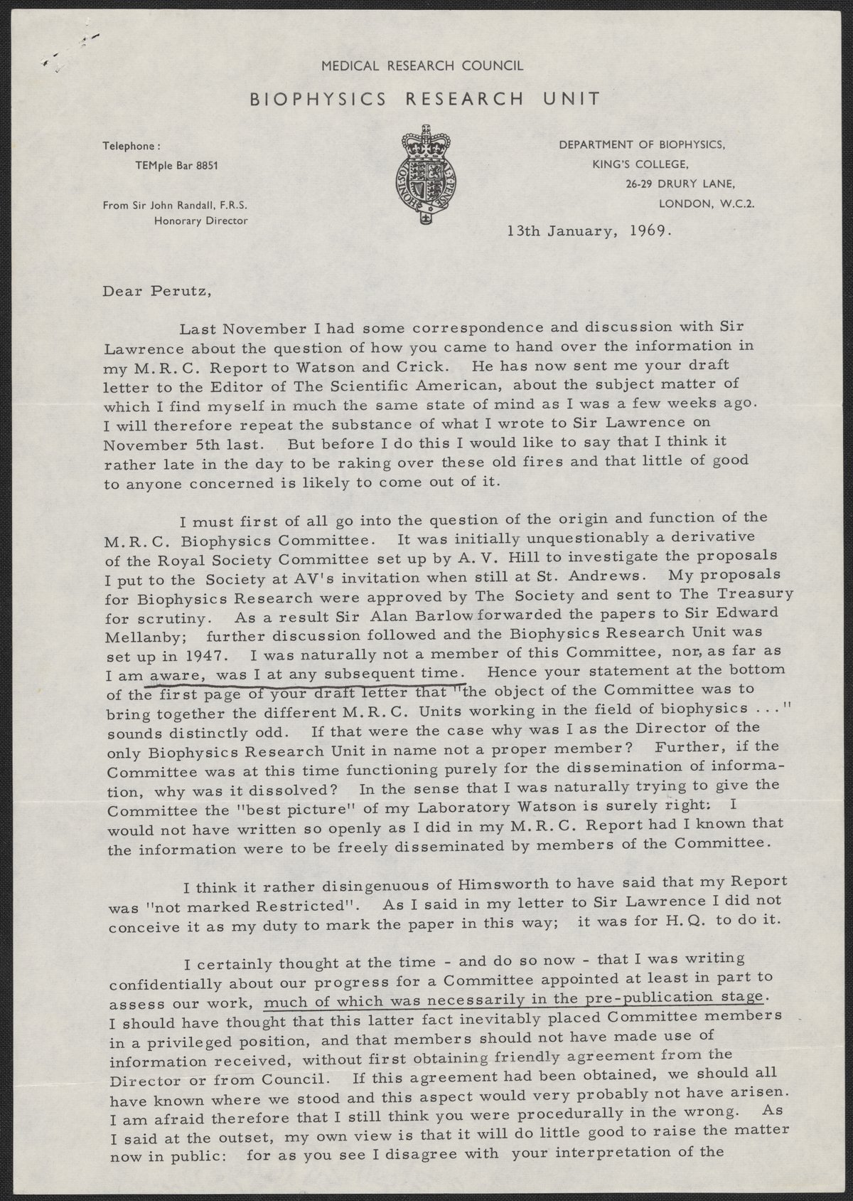 Letter from John Randall to Max Perutz, January 13, 1969 - Science ...