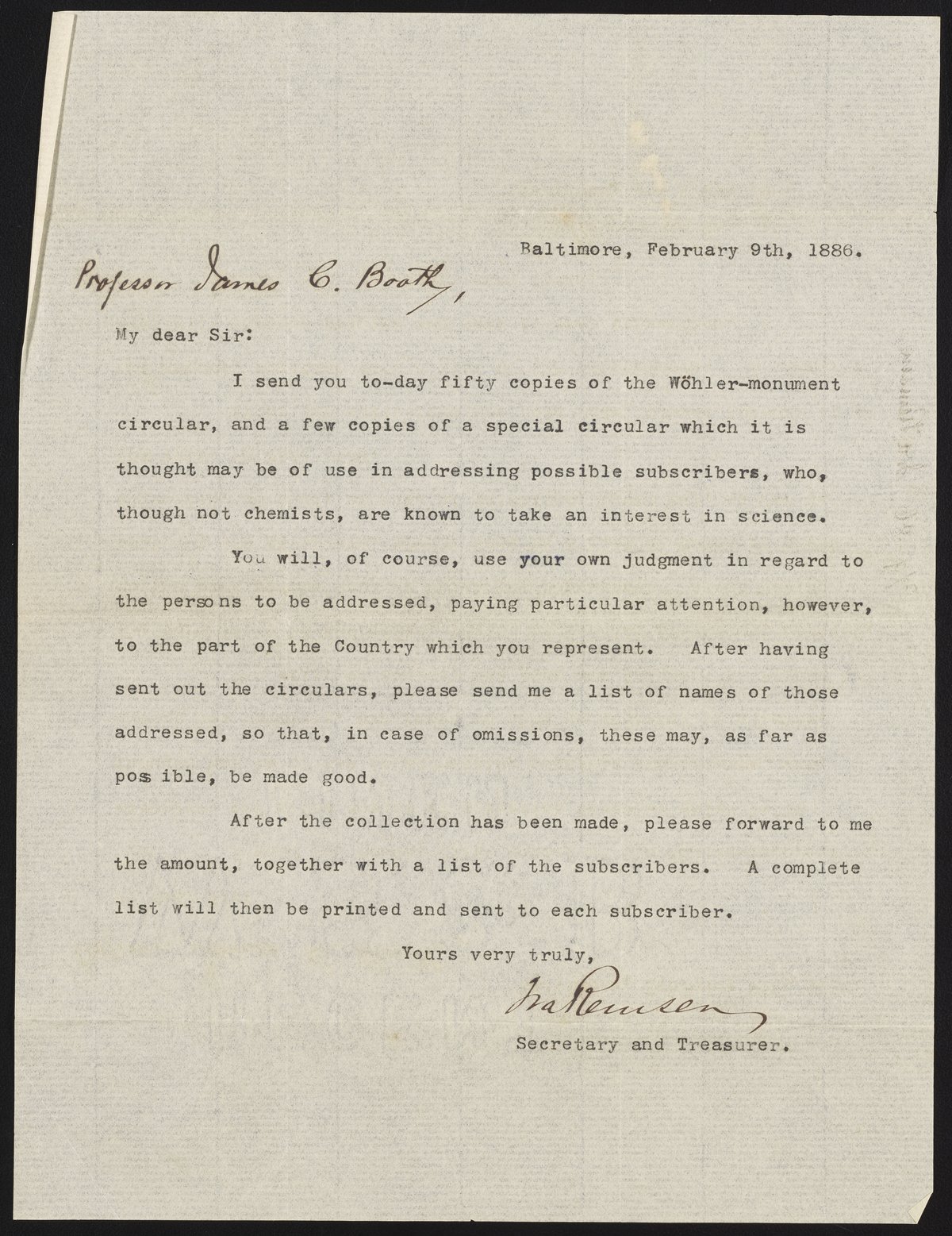 Letter from Ira Remsen to James Curtis Booth - Science History ...