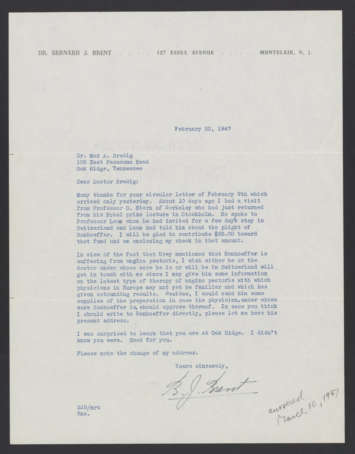 Letter from Bernard J. Brent to Max Bredig, February 20, 1947 - Science ...