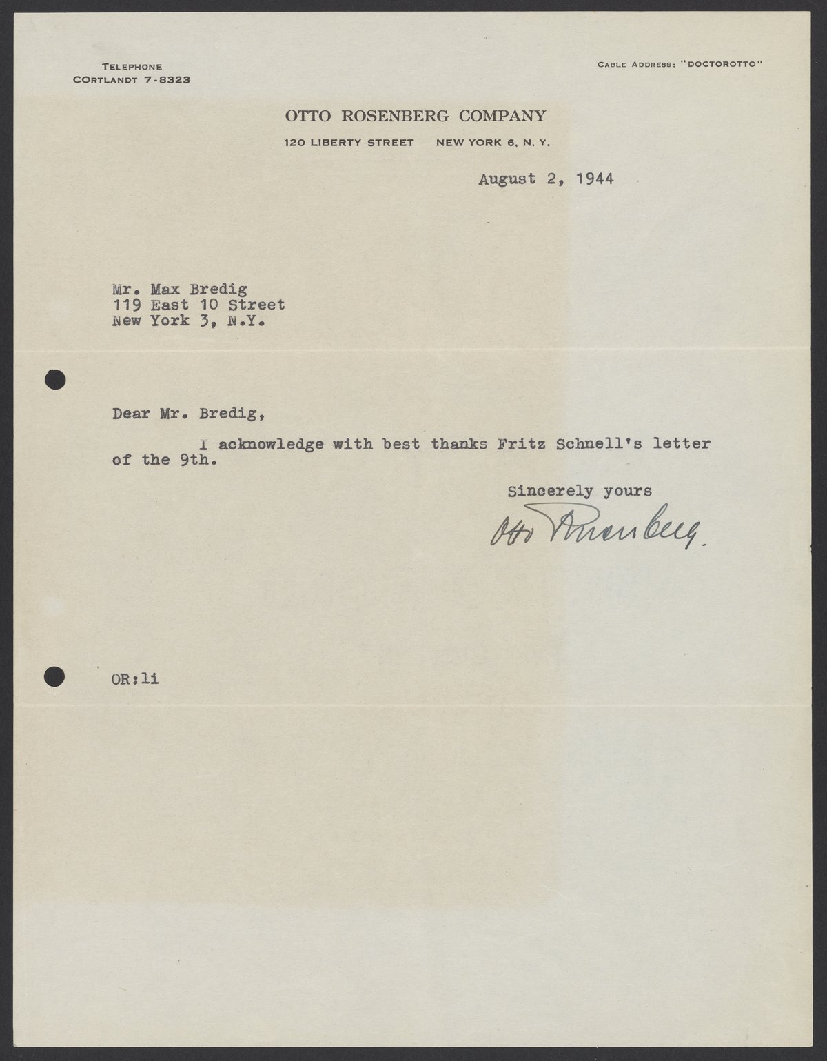 Letter from Otto Rosenberg to Max Bredig, August 2, 1944 - Science ...