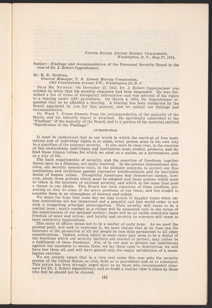 In the Matter of J. Robert Oppenheimer: Texts of Principal Documents ...