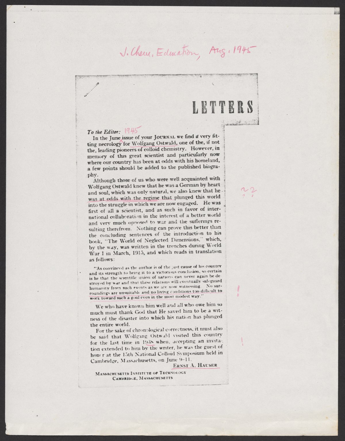 Ernst A. Hauser's letter to the editor of the Journal of Chemical ...