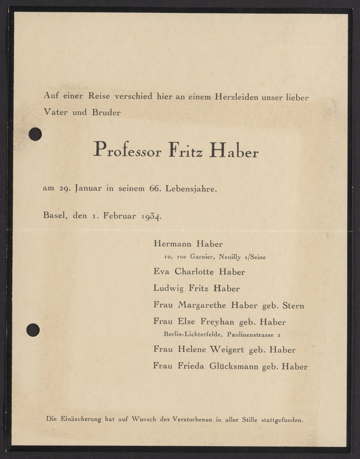 Fritz Haber's funeral card - Science History Institute Digital Collections