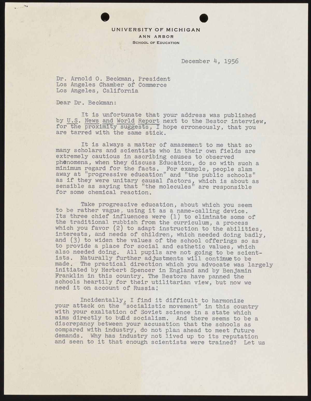 Letter from William Clark Trow to Arnold O. Beckman - Science History ...