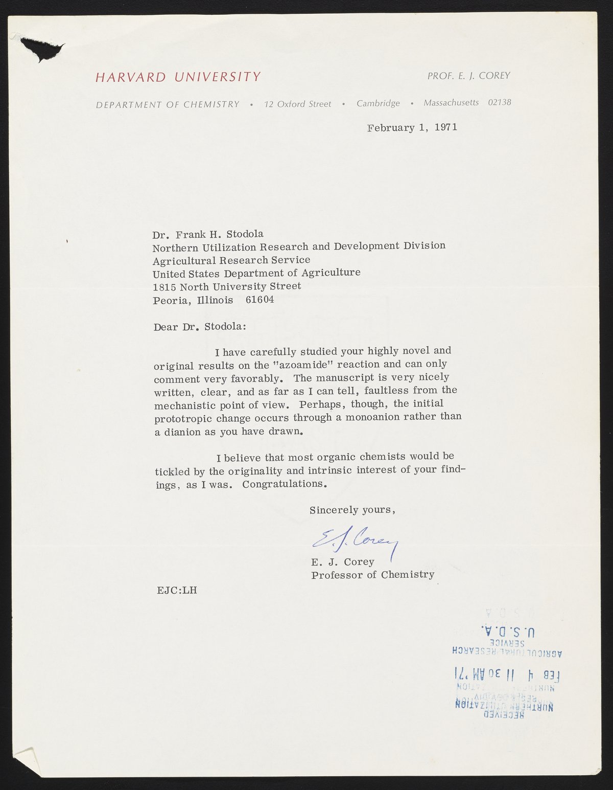 Letter from E. J. Corey to Frank Stodola - Science History Institute ...