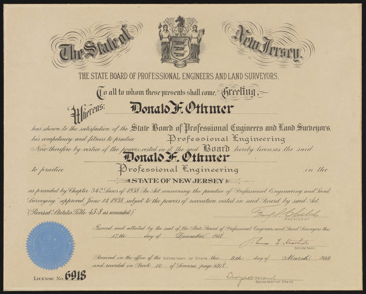 Certificate licensing Donald F. Othmer as a Professional Engineer in ...
