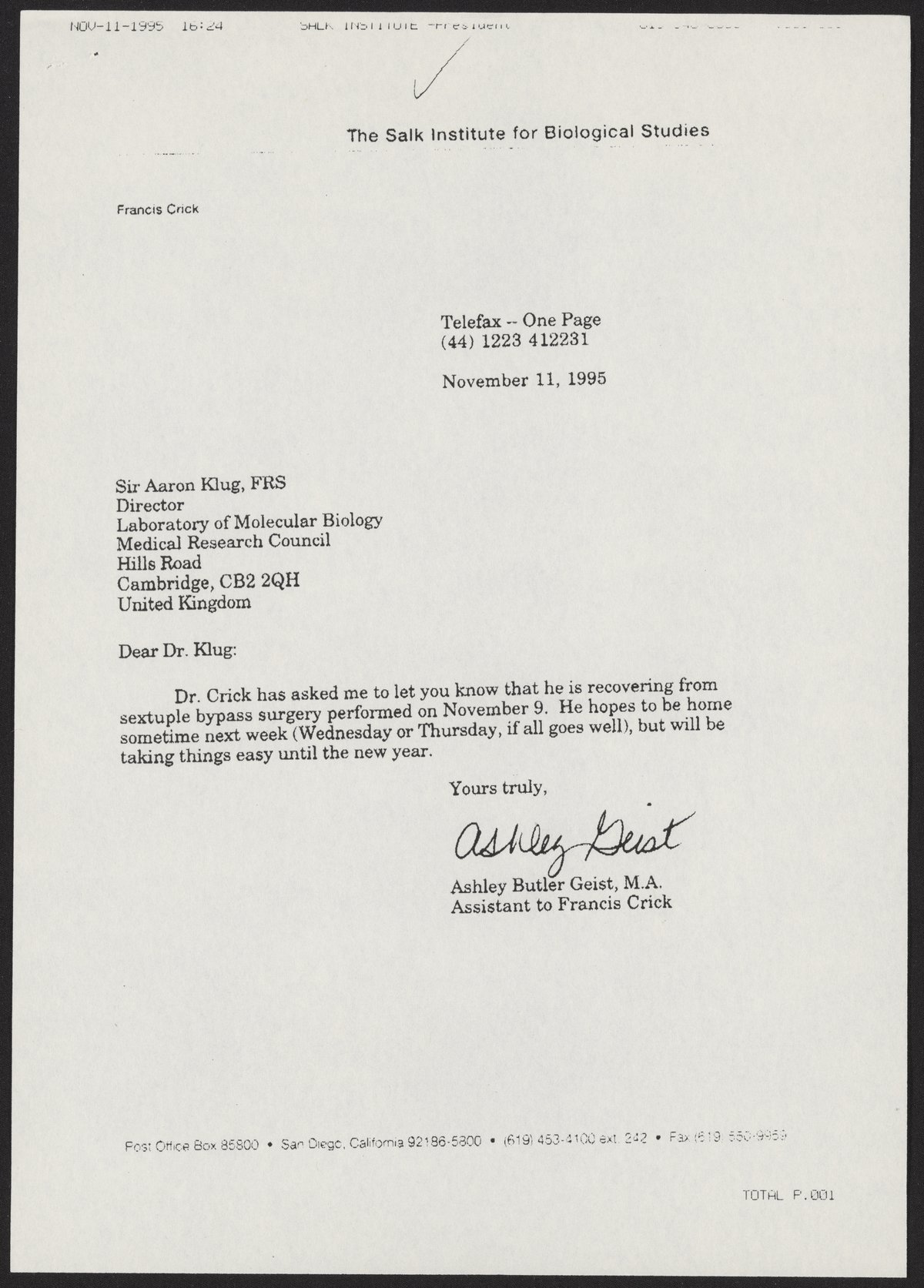 Fax from Ashley Butler Geist to Aaron Klug, November 11, 1995 - Science ...