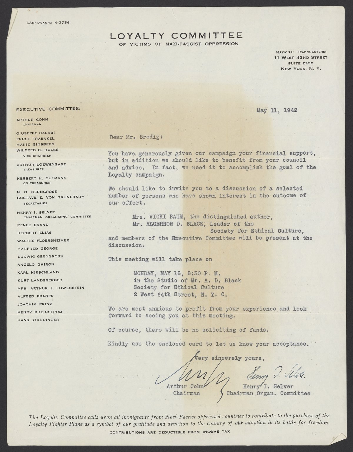 Letter from the Loyalty Committee of Victims of Nazi and Fascist ...