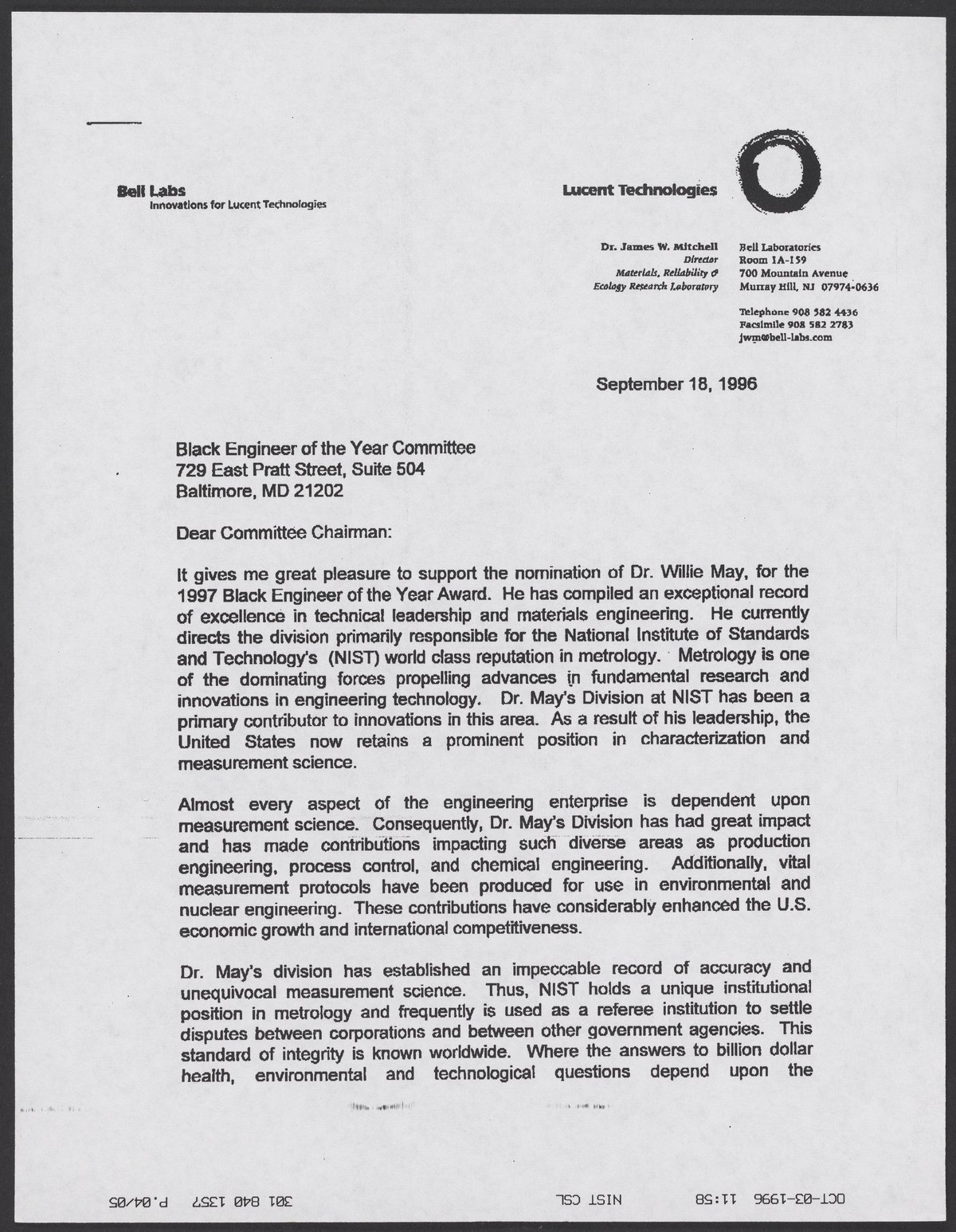 Letter from James W. Mitchell to the Black Engineer of the Year ...
