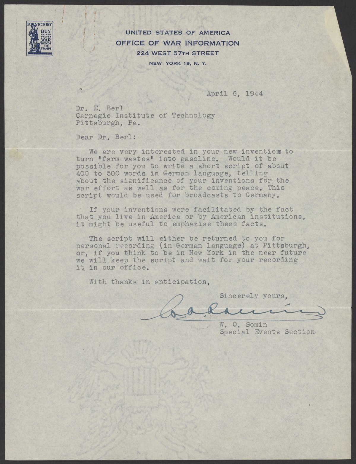 Letter from the United States Office of War Information to Ernst Berl ...