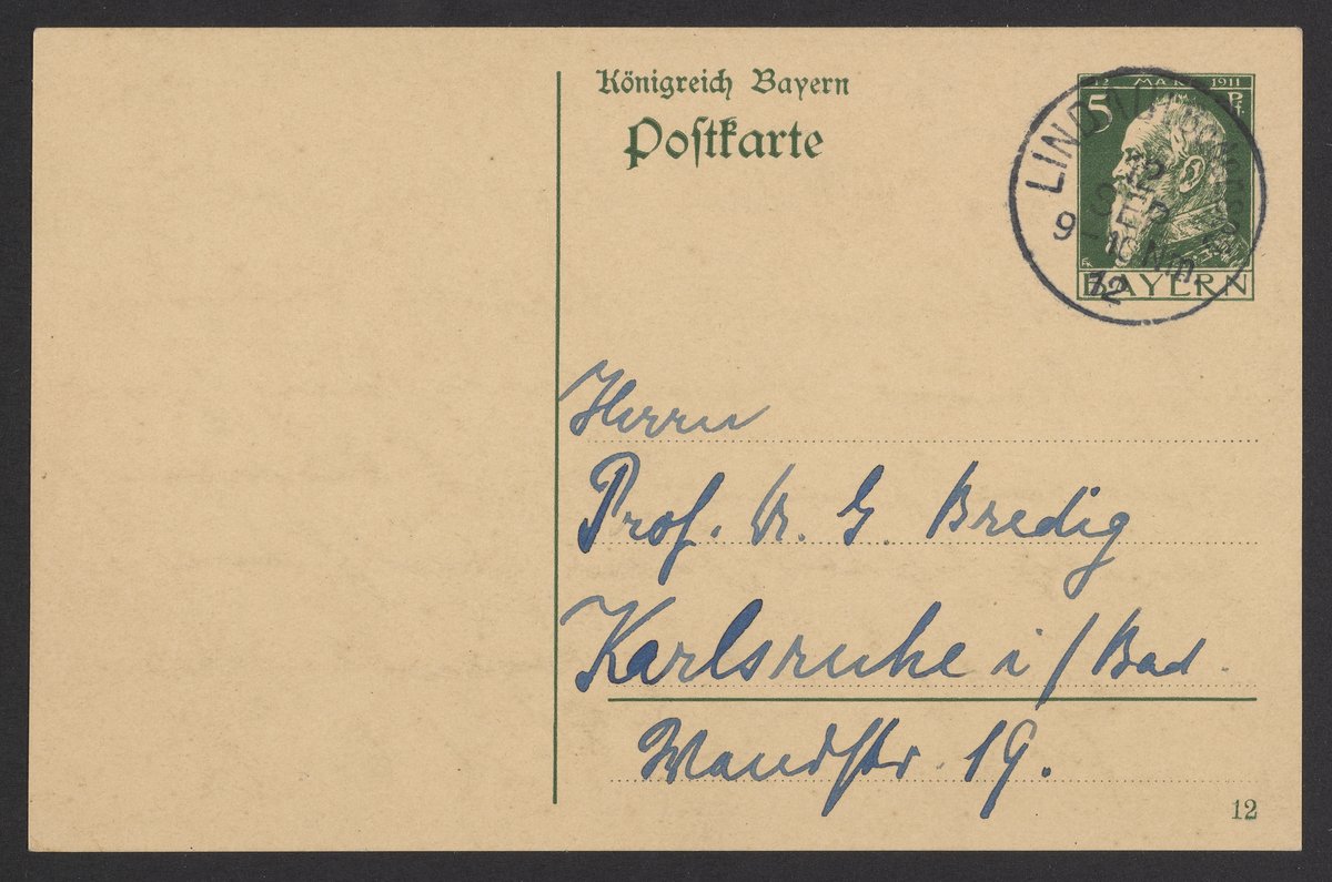 Postcard from Carl Neuberg to Georg Bredig, September 1912 - Science ...