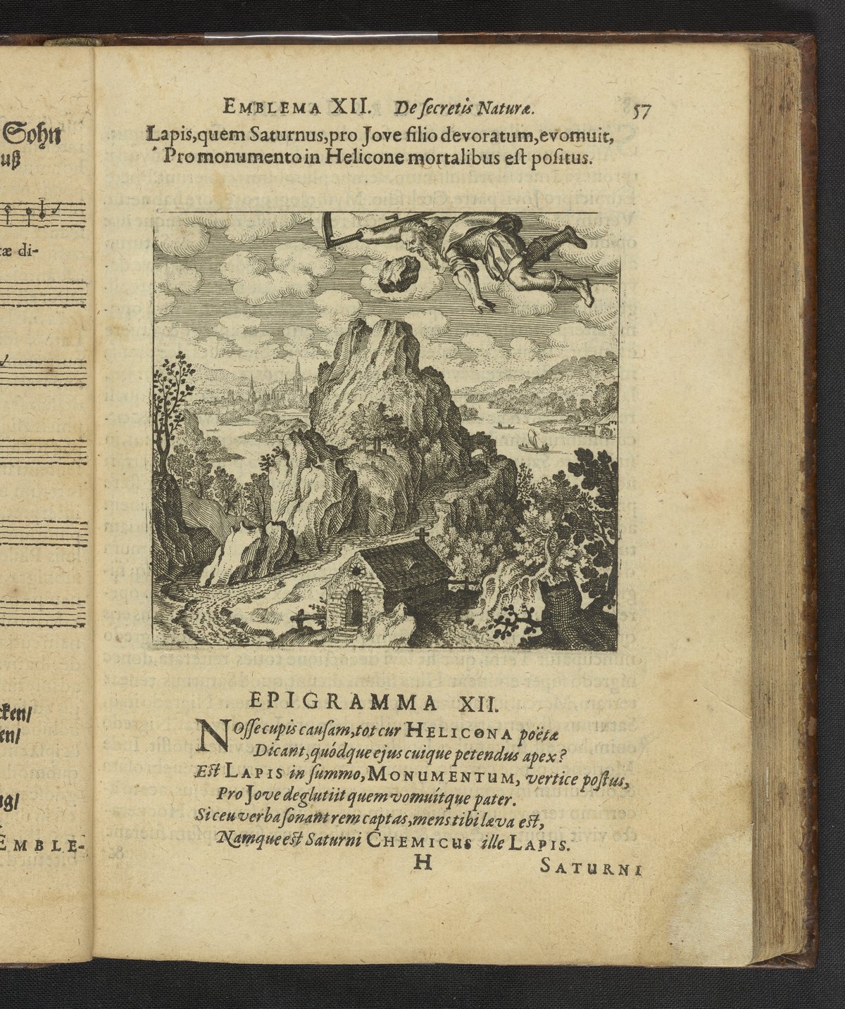 Emblema XII. Lapis, quem Saturnus, pro Jove filio devoratum, evomuit ...
