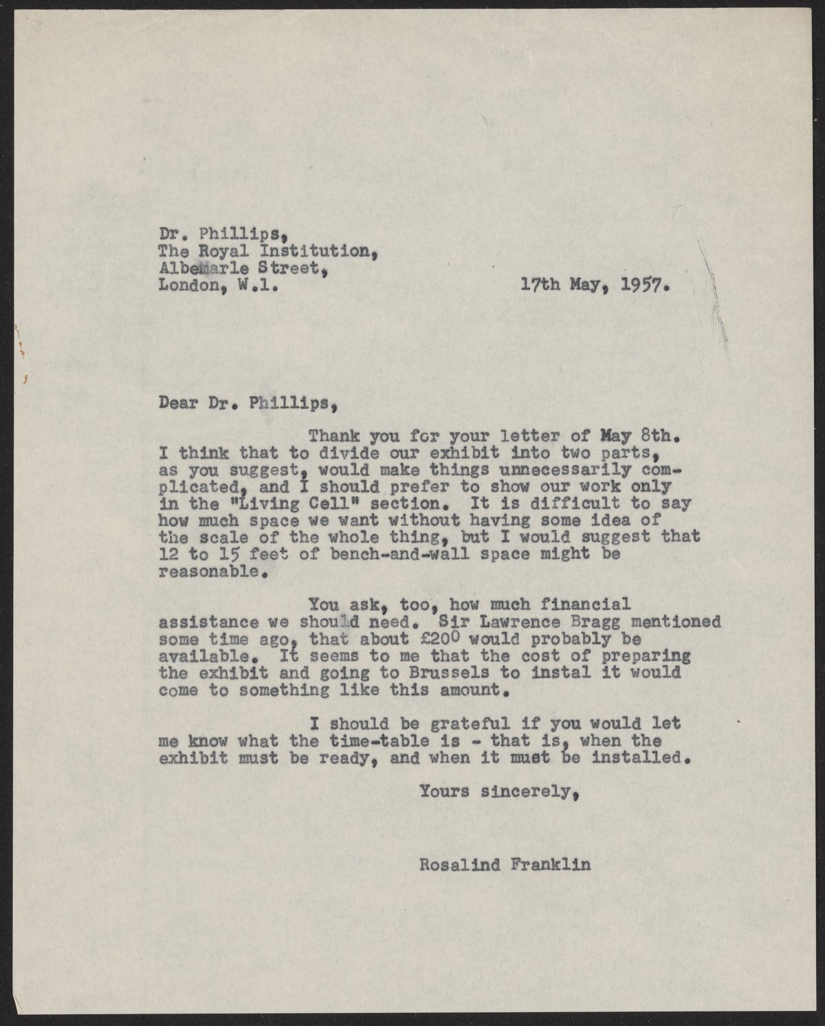 Letter from Rosalind Franklin to D. C. Phillips, May 17, 1957 - Science ...
