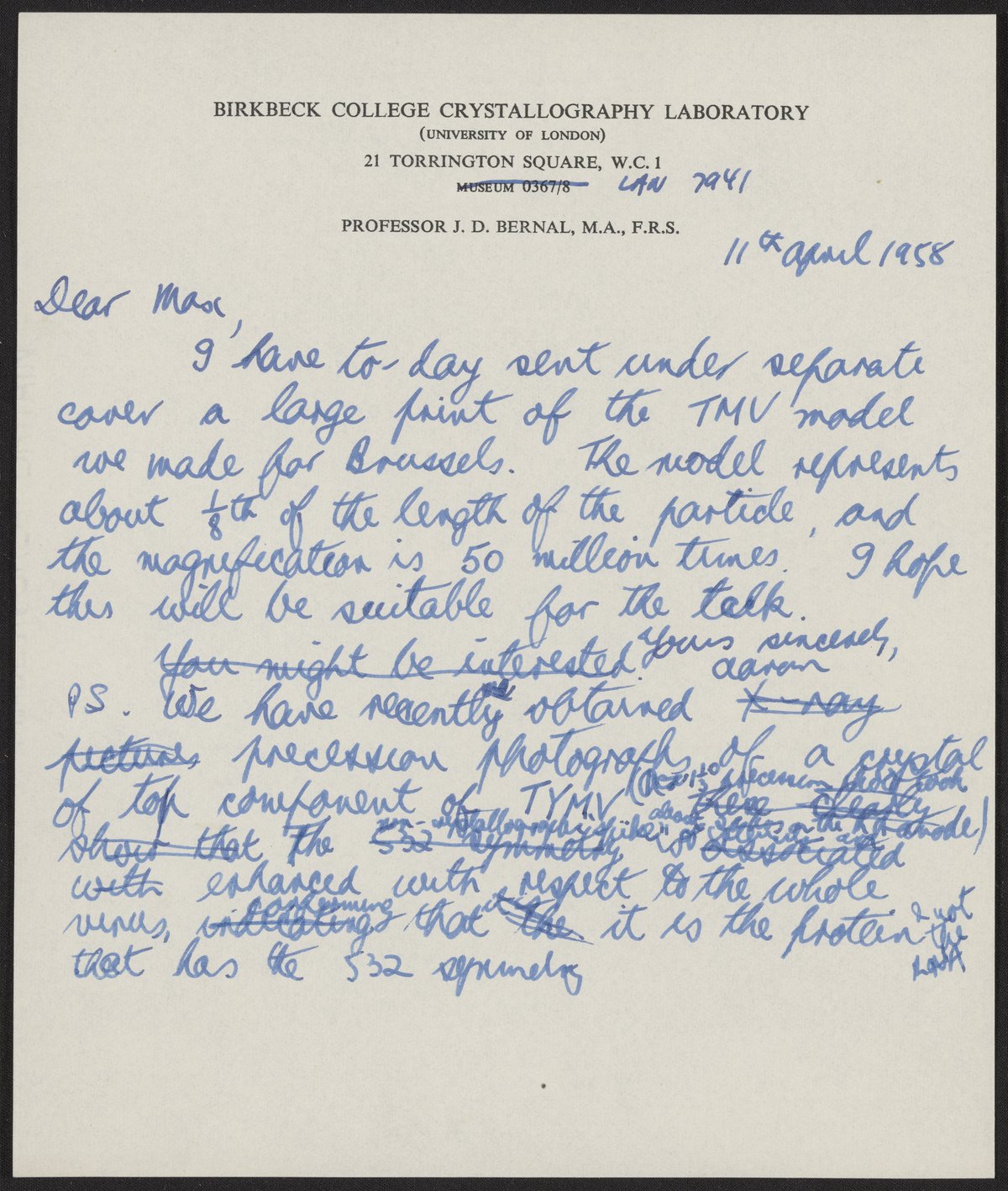 Letter from Aaron Klug to Max Perutz, April 11, 1958 - Science History ...