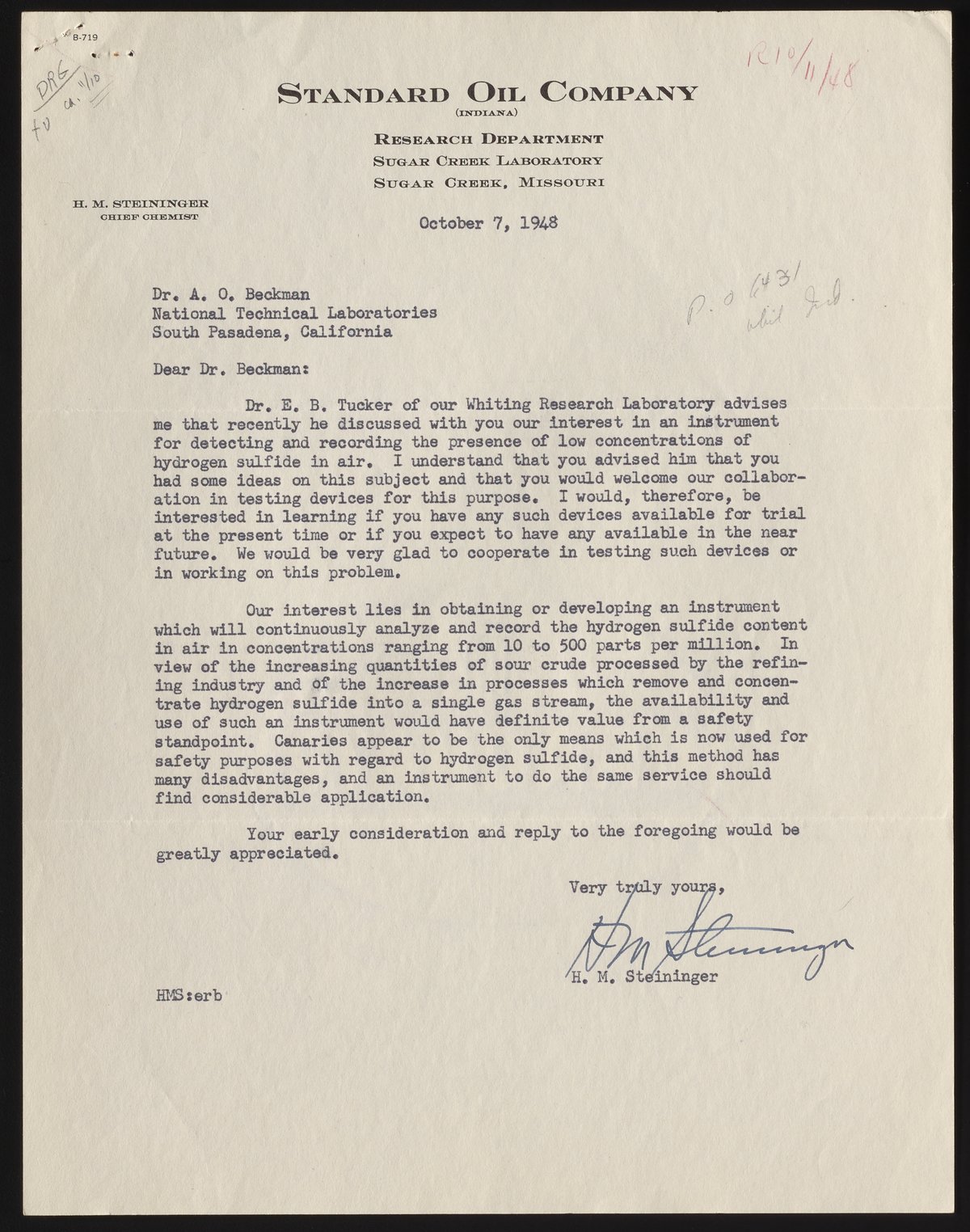 Letter from H. M. Steininger to Arnold O. Beckman - Science History ...