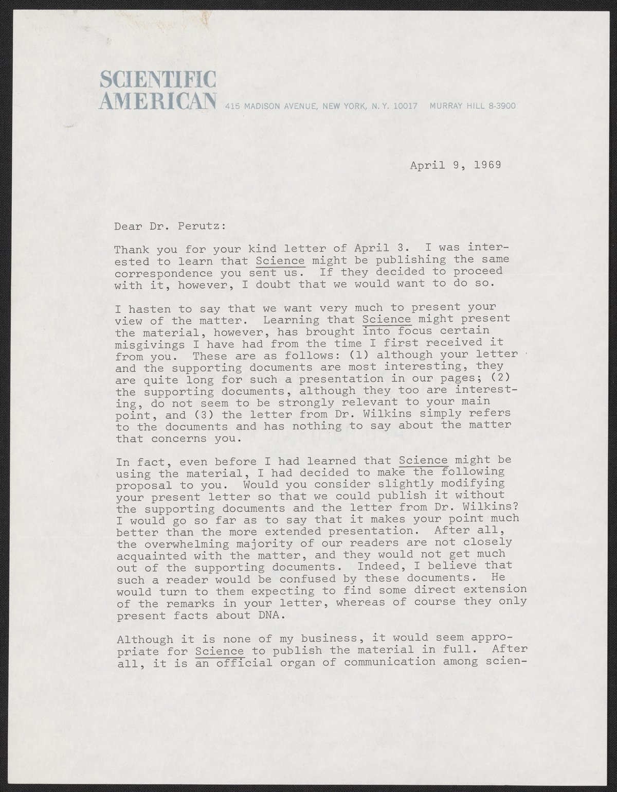 Letter from Dennis Flanagan to Max Perutz, April 9, 1969 - Science ...