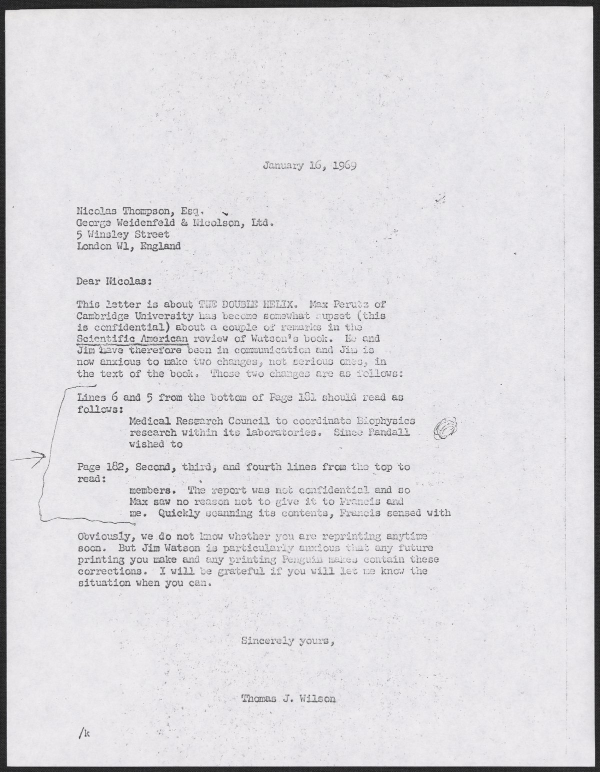 Letter from Thomas J. Wilson to Nicolas Thompson, January 16, 1969 ...