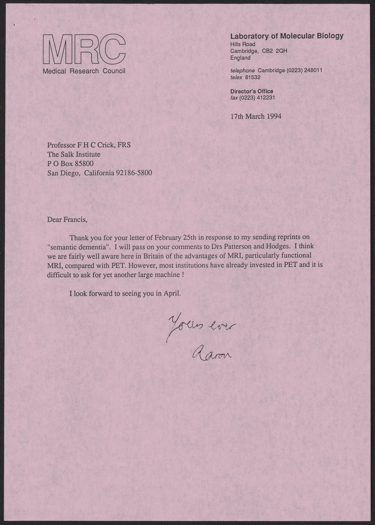 Letter from Aaron Klug to Francis Crick, March 17, 1994 - Science ...