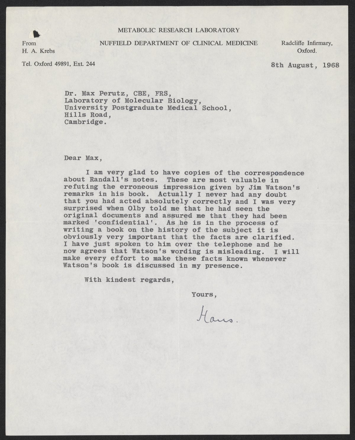 Letter from Hans A. Krebs to Max Perutz, August 8, 1968 - Science ...