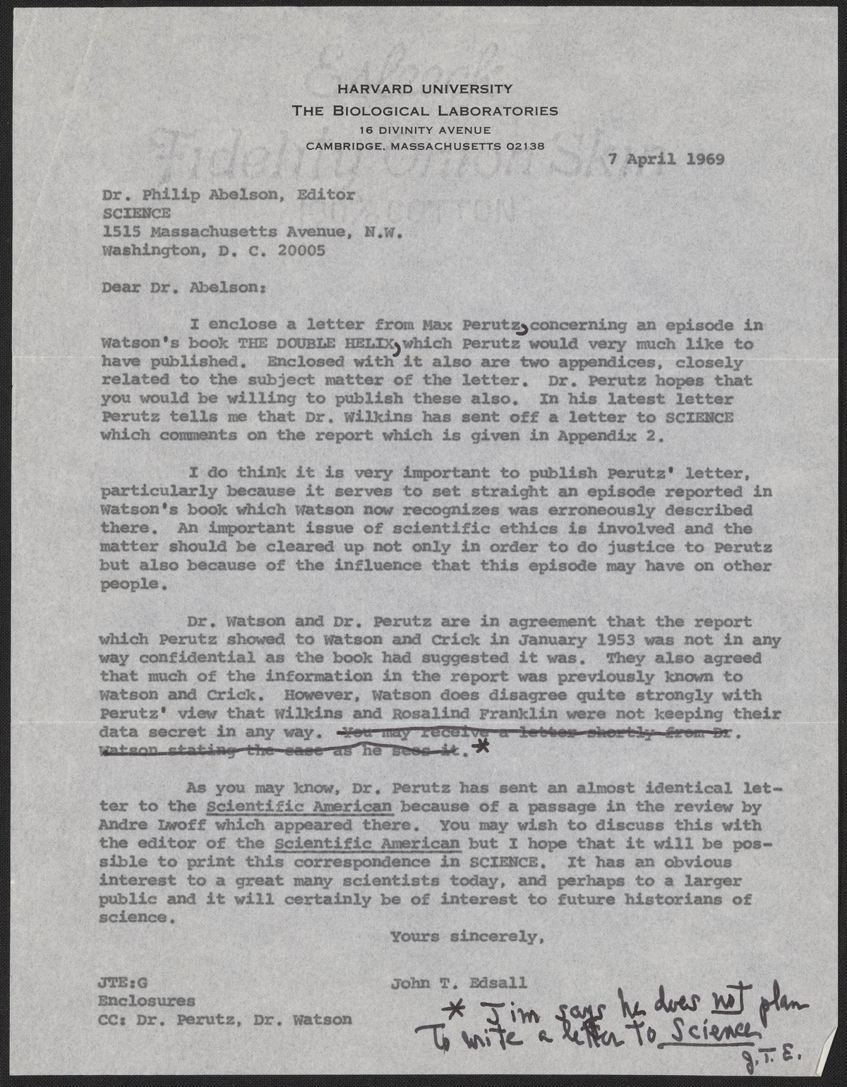 Letter from John T. Edsall to Philip Abelson, April 7, 1969 - Science ...