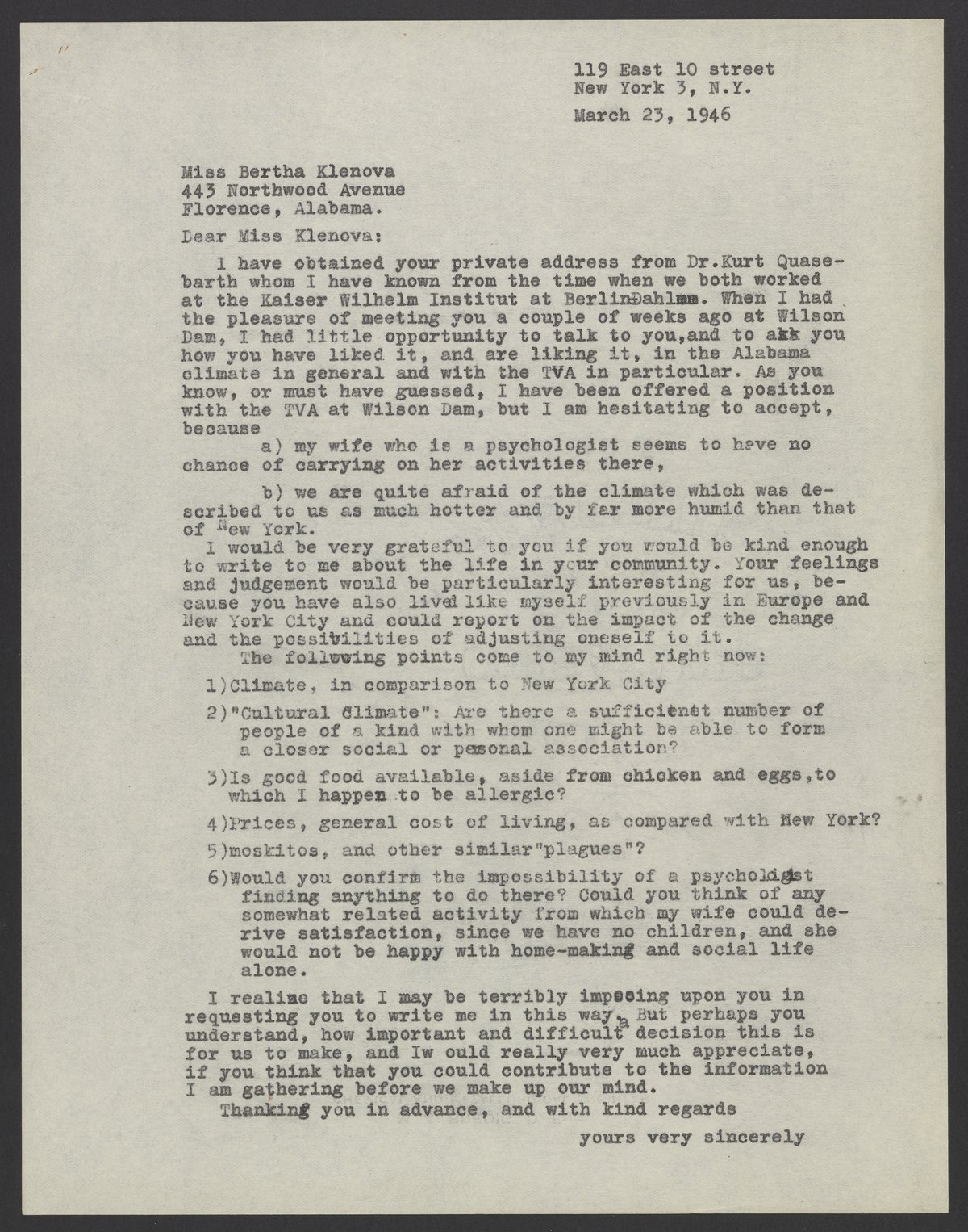 Letter from Max Bredig to Bertha P. Klenova, March 23, 1946 - Science ...