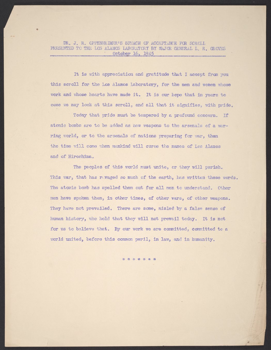 Dr. J. R.Oppenheimer's Speech of Acceptance for Scroll Presented to the ...