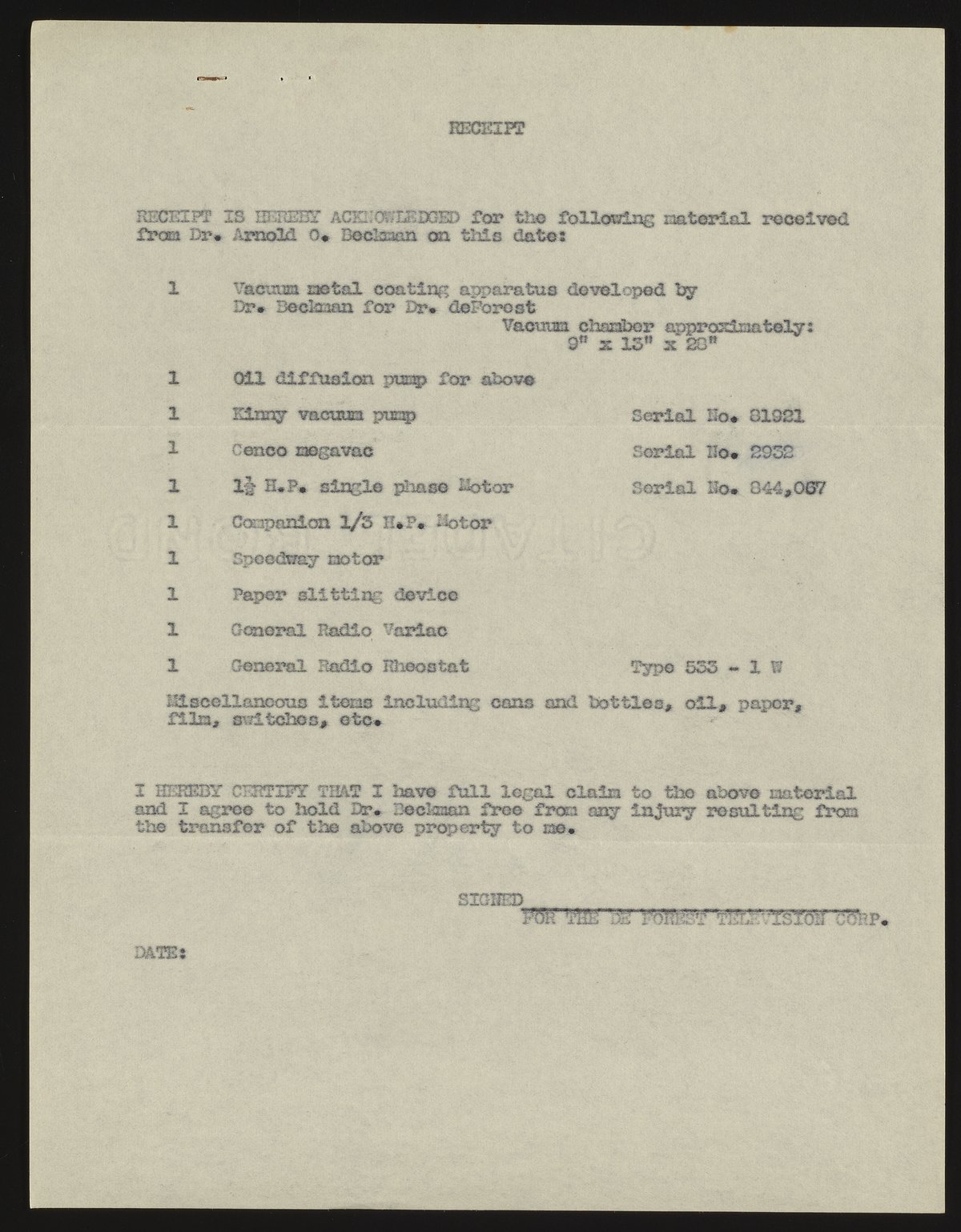 Receipt and memorandum of record - Science History Institute Digital ...