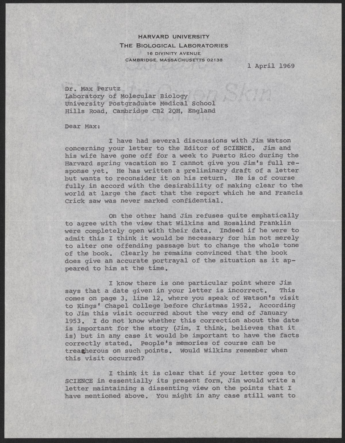 Letter from John T. Edsall to Max Perutz, April 1, 1969 - Science ...