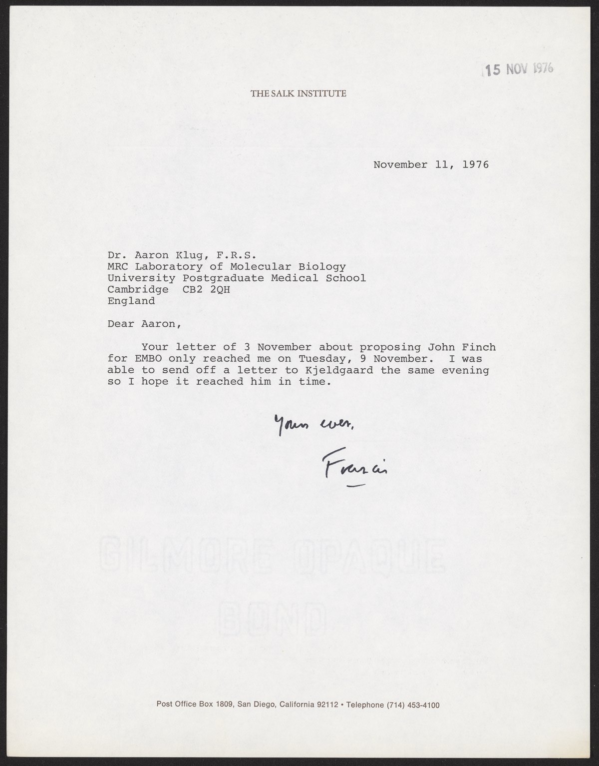 Letter from Francis Crick to Aaron Klug, November 11, 1976 - Science ...
