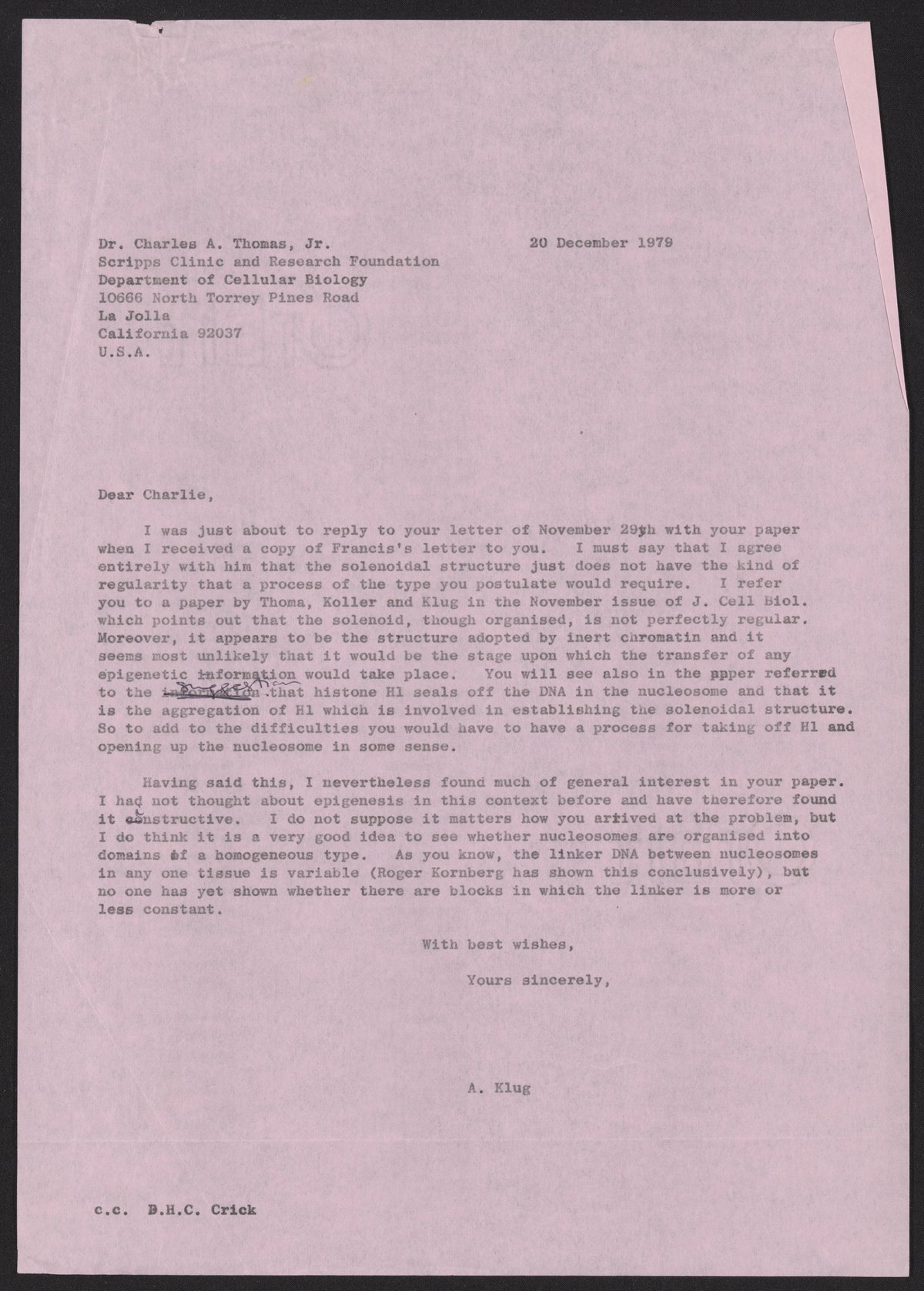 Letter from Aaron Klug to Charles A. Thomas, December 20, 1979 ...