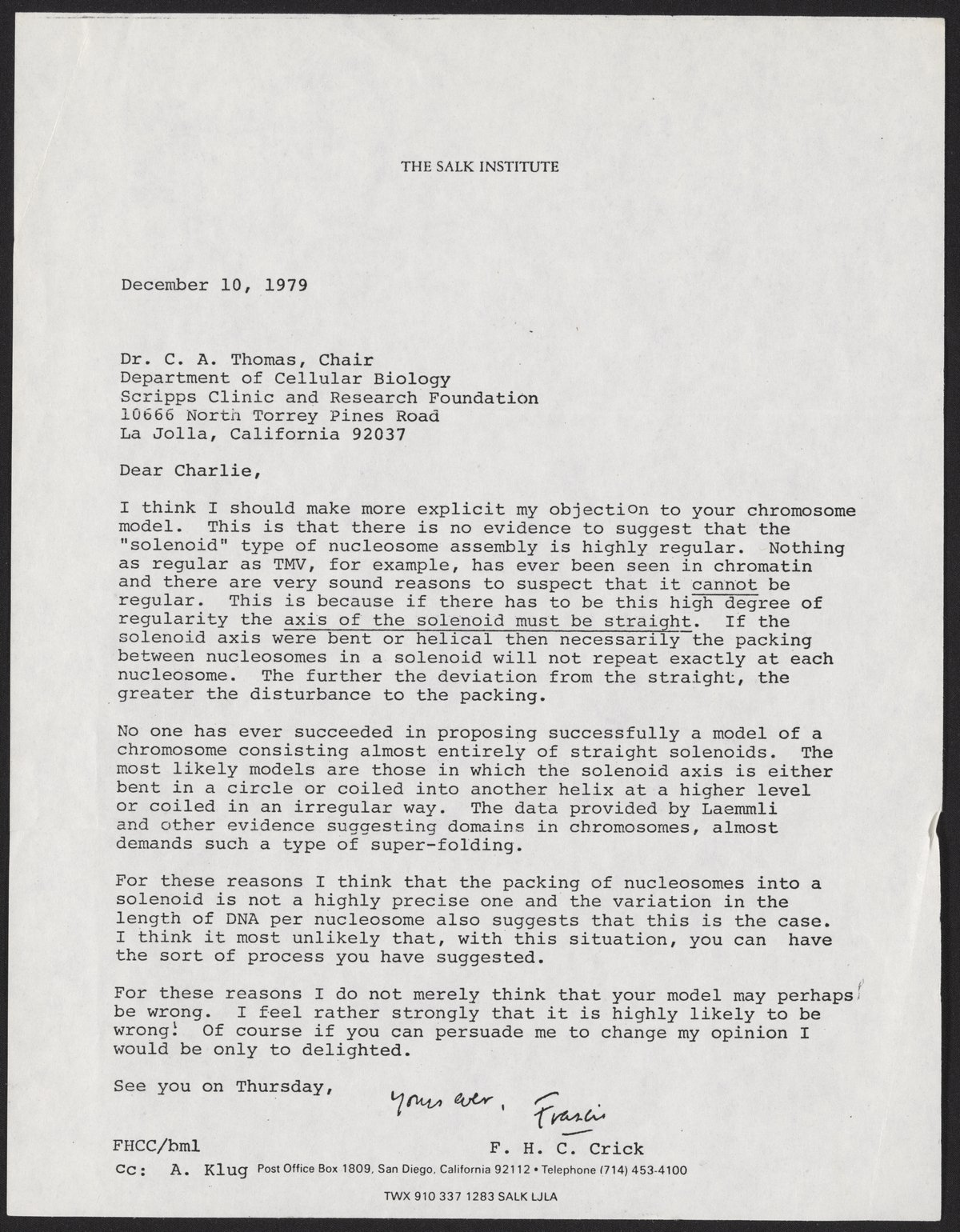 Letter from Francis Crick to Charles A. Thomas, December 10, 1979 ...