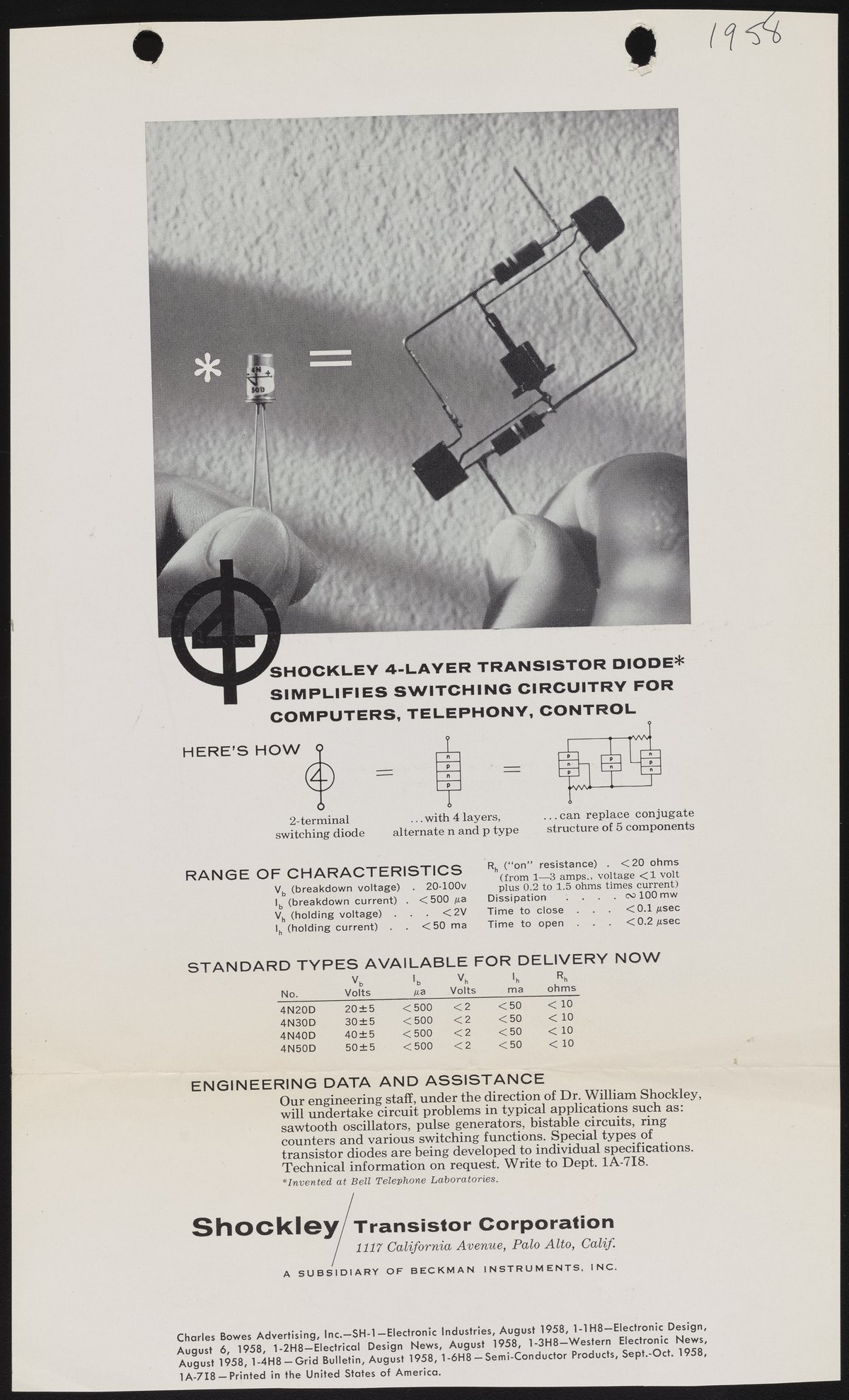 Shockley 4-layer transistor diode simplifies switching circuitry for ...