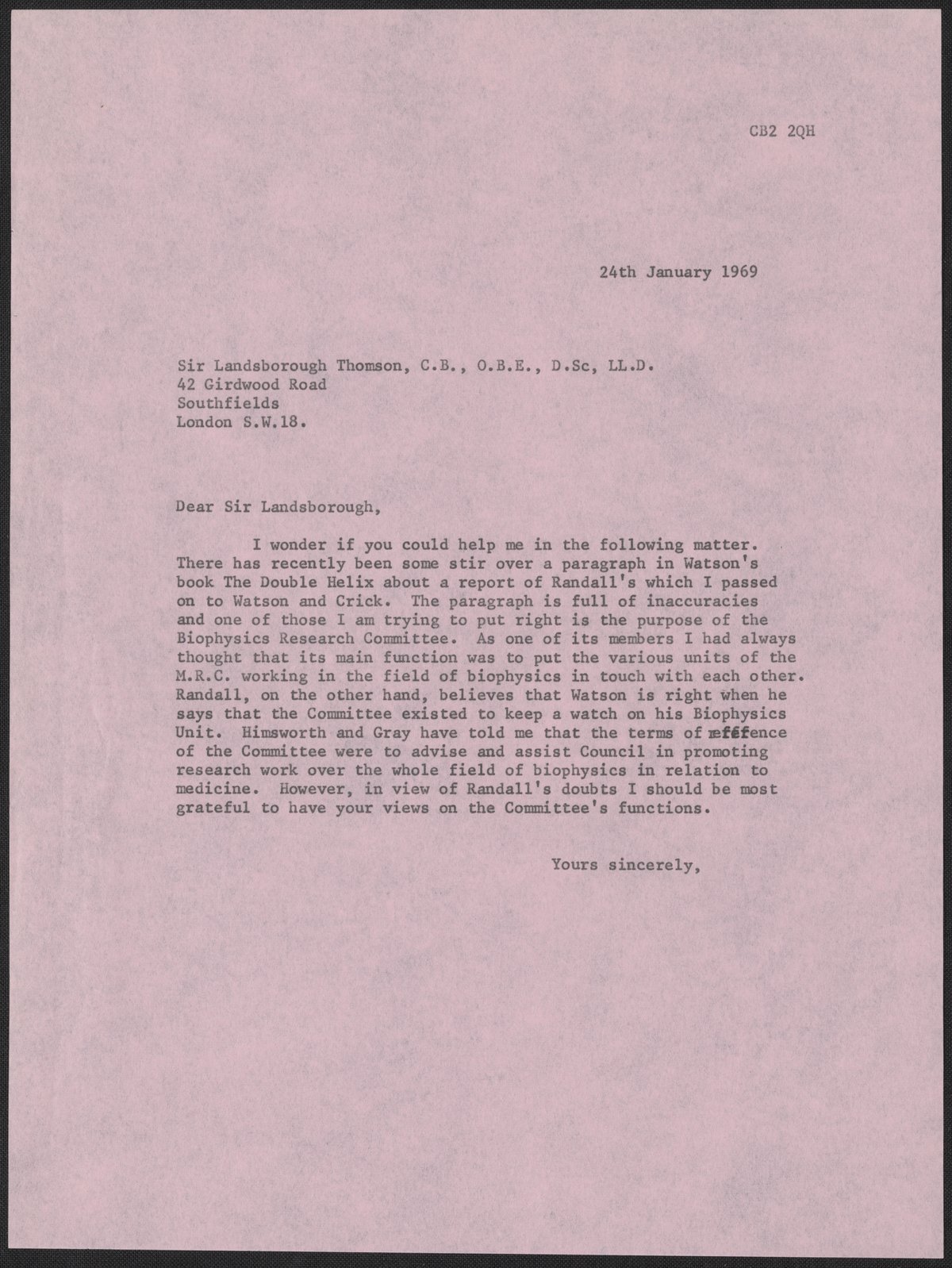 Letter from Max Perutz to Landsborough Thomson, January 24, 1969 ...