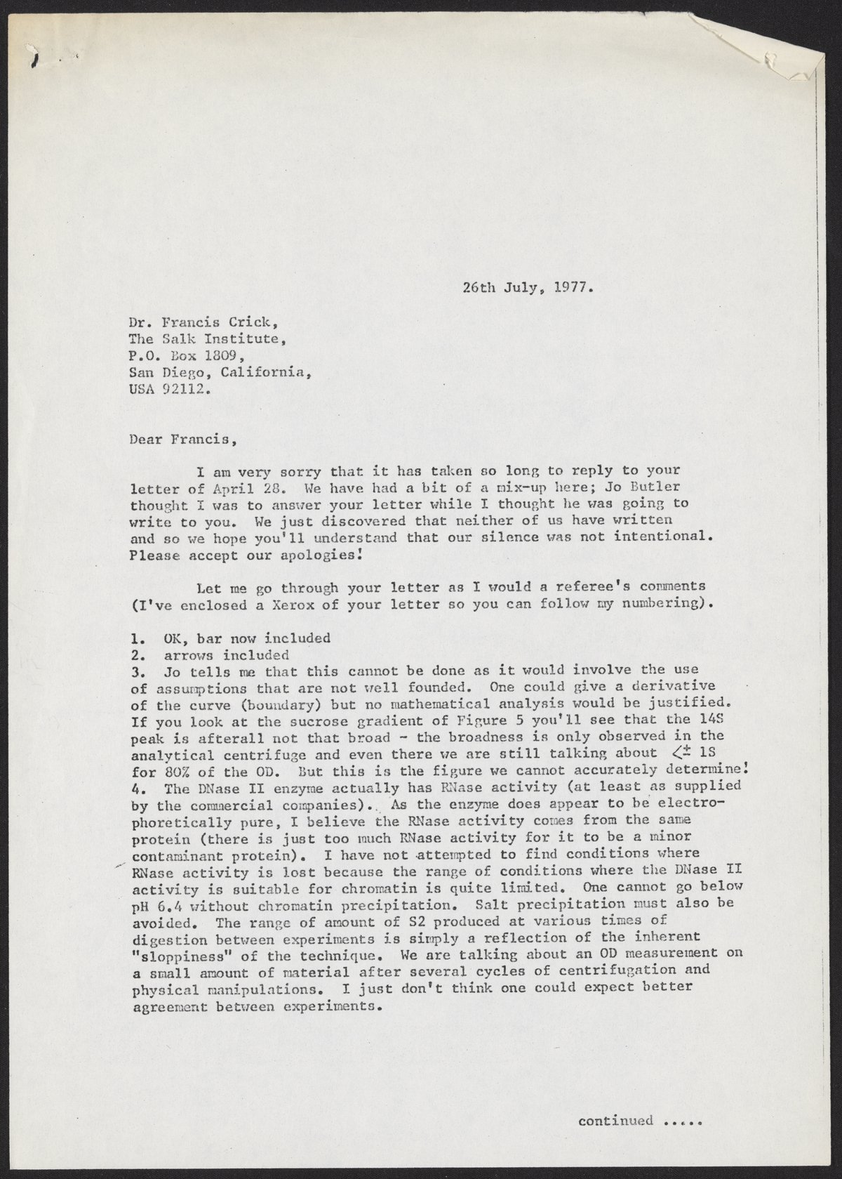 Letter from Joel Gottesfeld to Francis Crick, July 26, 1977 - Science ...