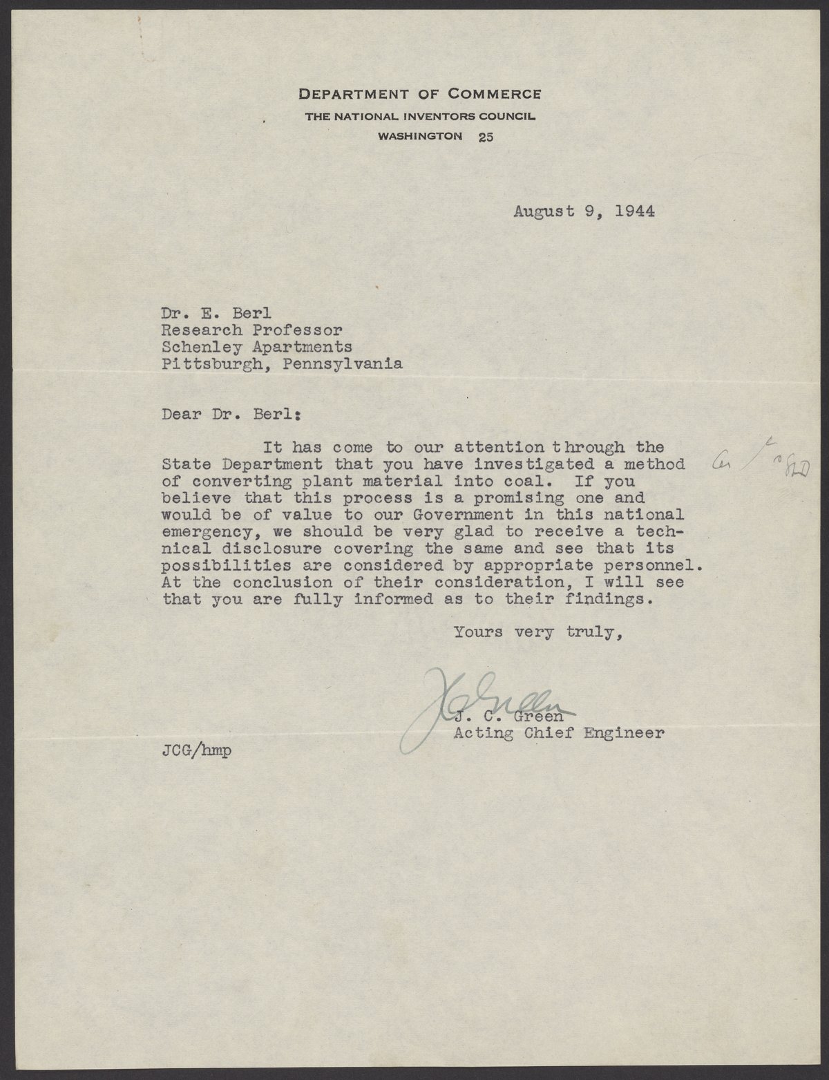 Letter from the National Inventors Council to Ernst Berl, August 9, 1944 - Science History ...