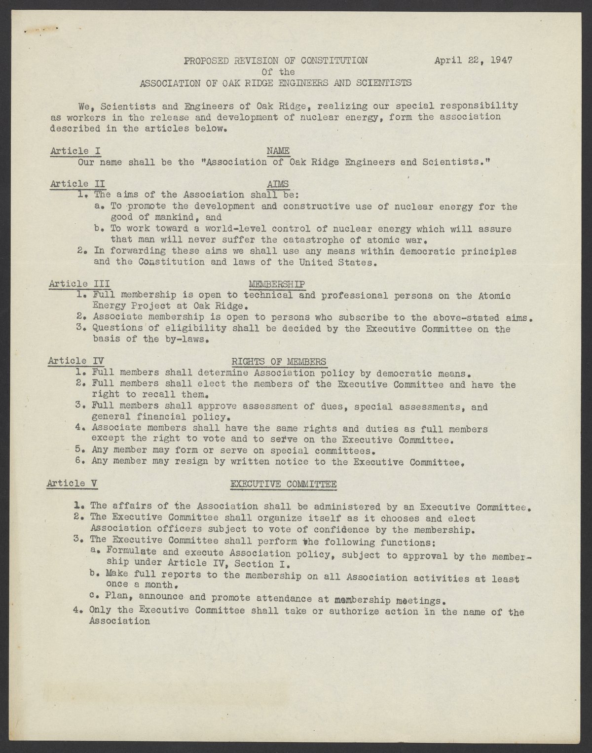 Proposed revision of constitution of the Association of Oak Ridge ...