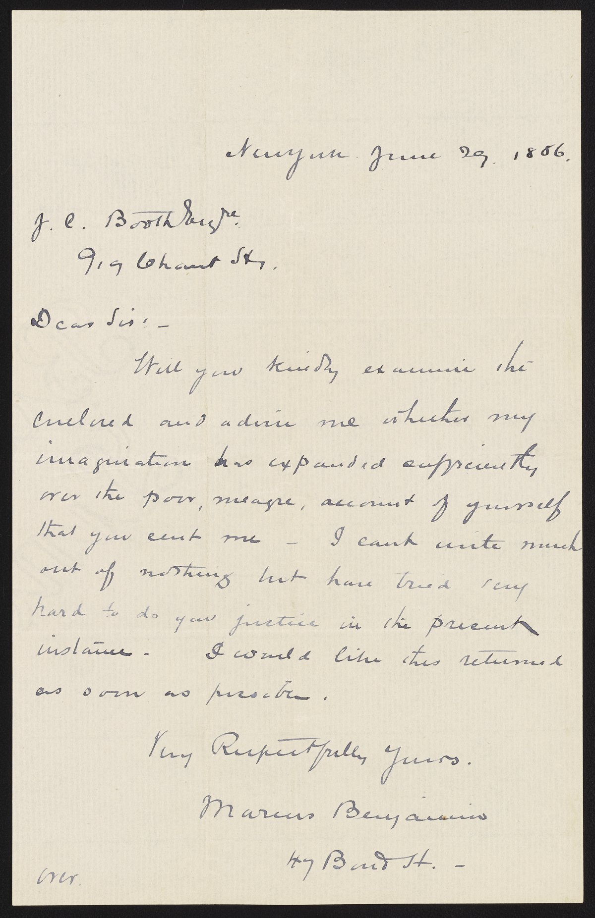 Letter from Marcus Benjamin to James Curtis Booth, June 20, 1886 ...